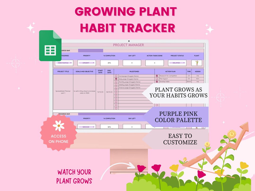 Growing Plants Habit Tracker Google Sheets Spreedsheet, Habit Tracker ...