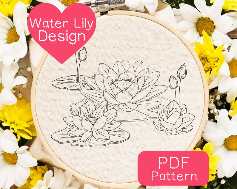 Water Lilies Hand Embroidery Pattern PDF, Hand Embroidery for Beginners ...