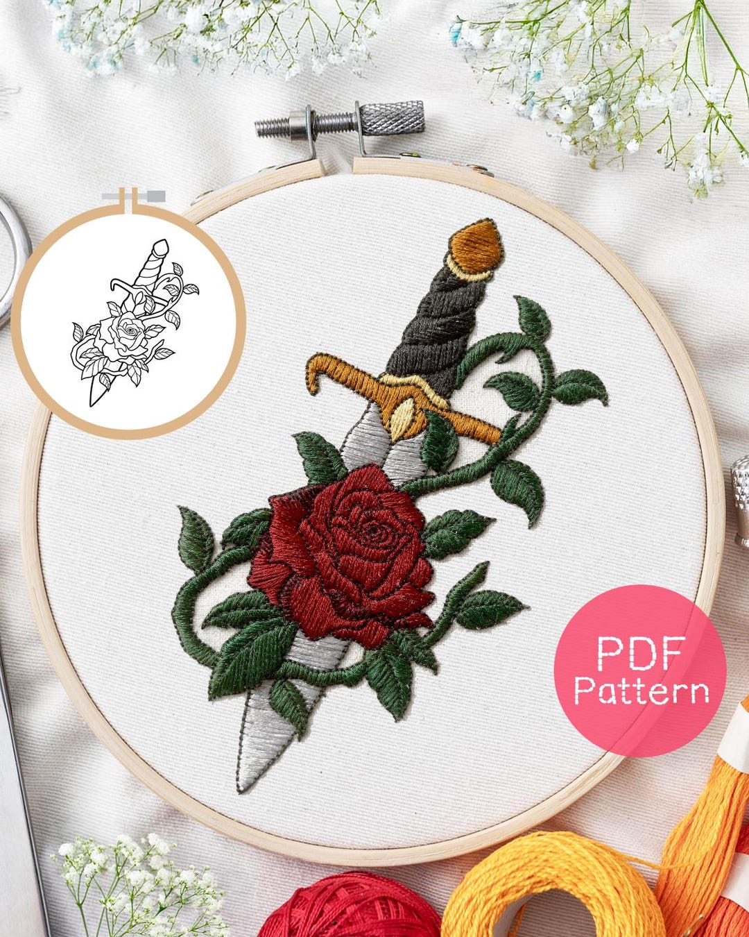 Rose Dagger Embroidery Pattern: Fantasy Books, Dark Romance, Fairytale ...