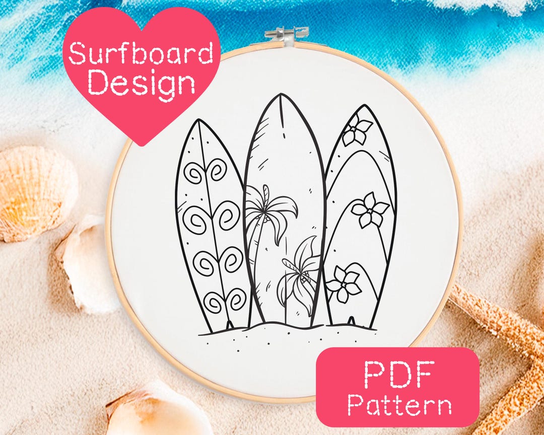 Surfboard Surfing on the Beach Ocean Art Embroidery, Summer Embroidery ...