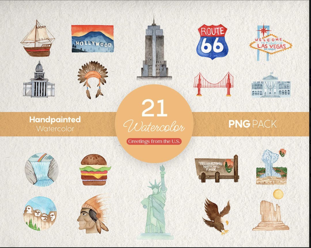 US Landmarks Watercolor Clipart: Hand-painted PNG Bundle (digital ...