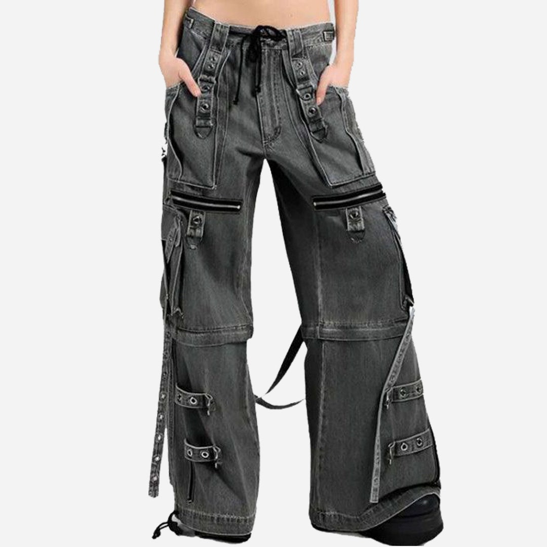 X-strap Grey Denim Pant Goth Punk Raver Jeans Zip off Emo Cargo Tripp ...