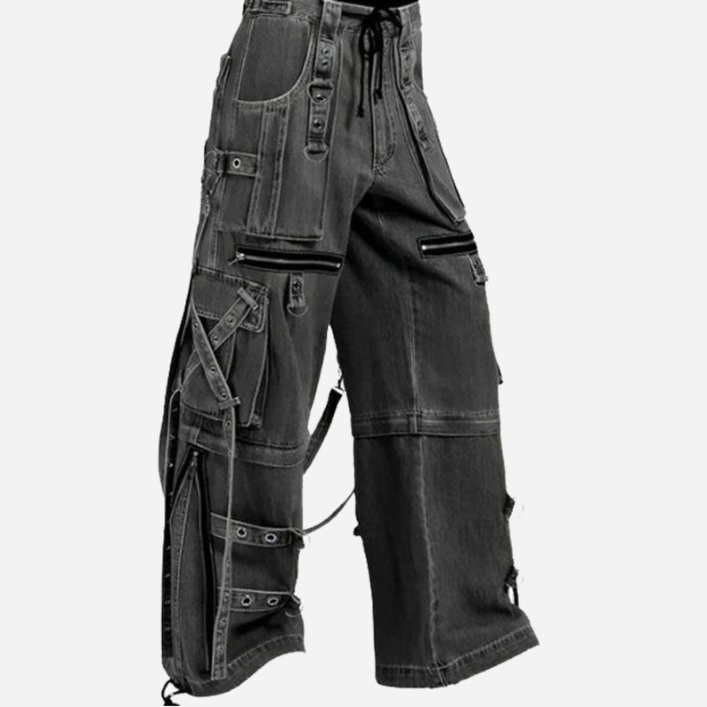 X-strap Grey Denim Pant Goth Punk Raver Jeans Zip off Emo Cargo Tripp ...