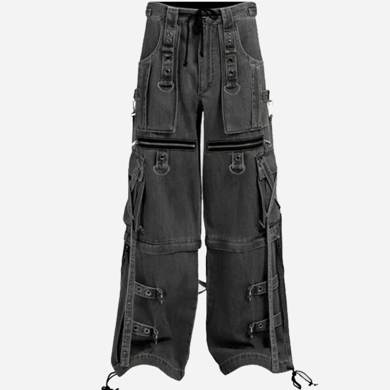 X-strap Grey Denim Pant Goth Punk Raver Jeans Zip off Emo Cargo Tripp ...