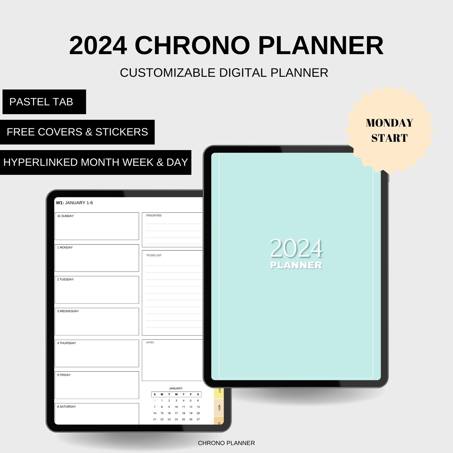 2024 Monday Start Minimalist Digital iPad Planner for Goodnotes ...