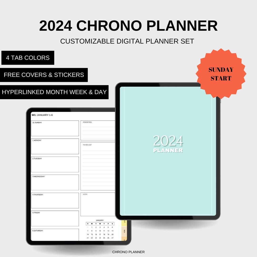 2024 Digital Planner Portrait, Digital Daily Weekly Monthly Hyperlinked ...