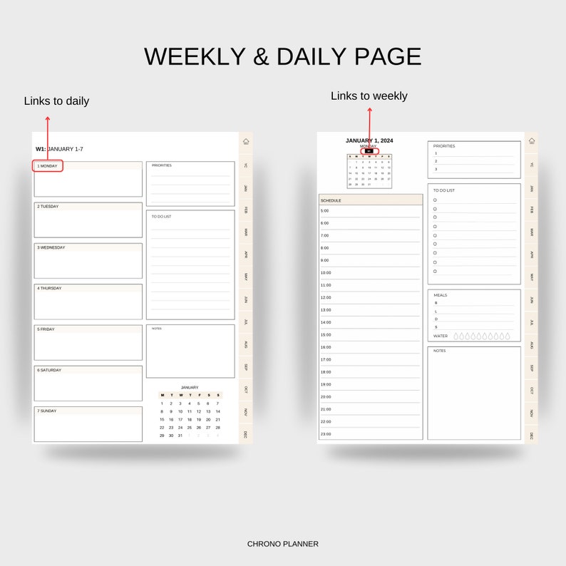 2024 Digital Planner Portrait, Digital Daily Weekly Monthly Hyperlinked ...