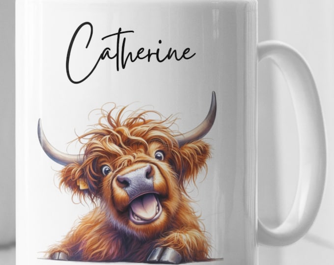 HIGHLAND COW Personalised With Name Mug Cup Coaster Mat 11oz, Double ...