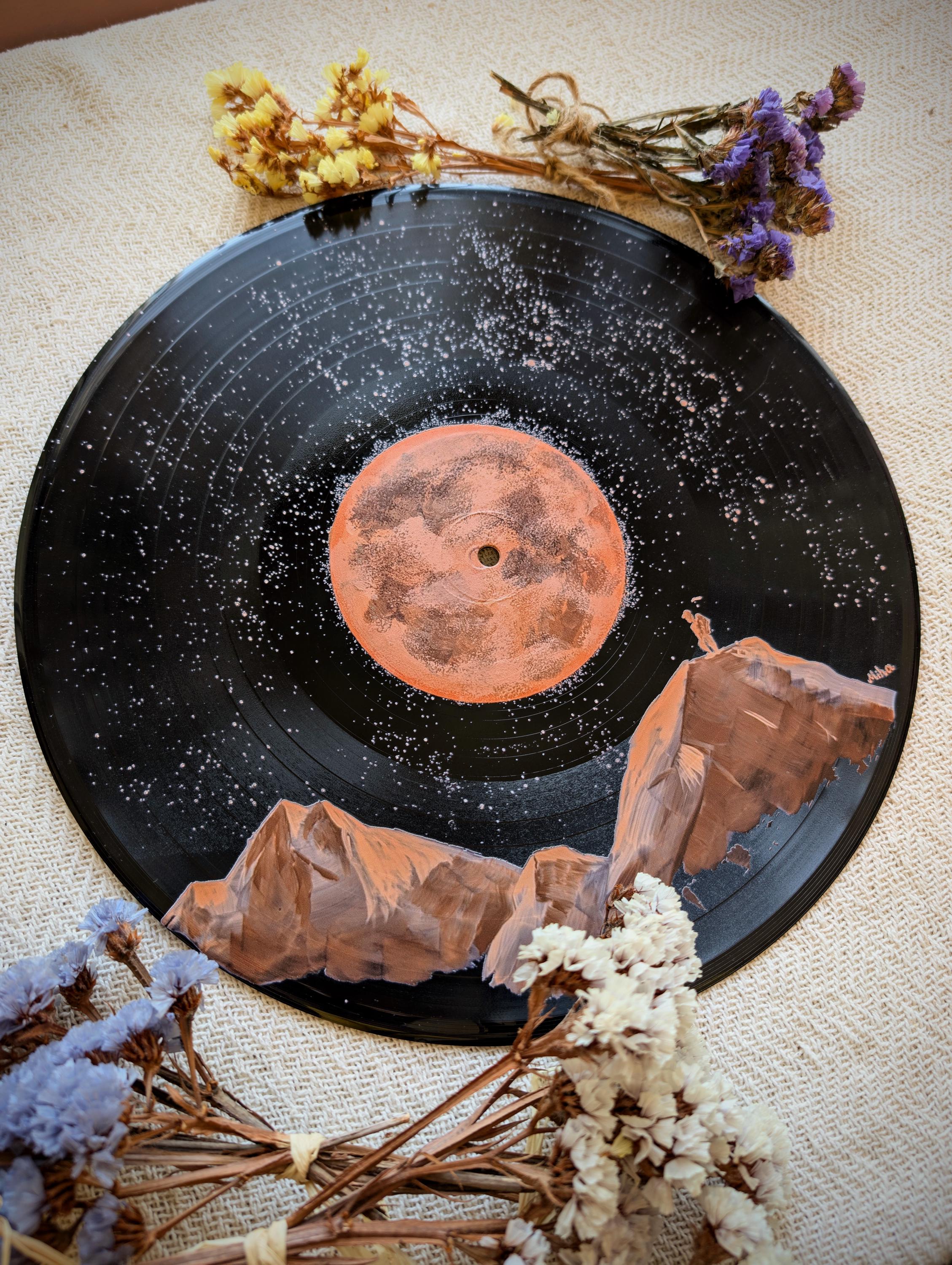 Vinyl Record Art – Full Moon Over Mountains | Upcycled Vinyl Painting ...