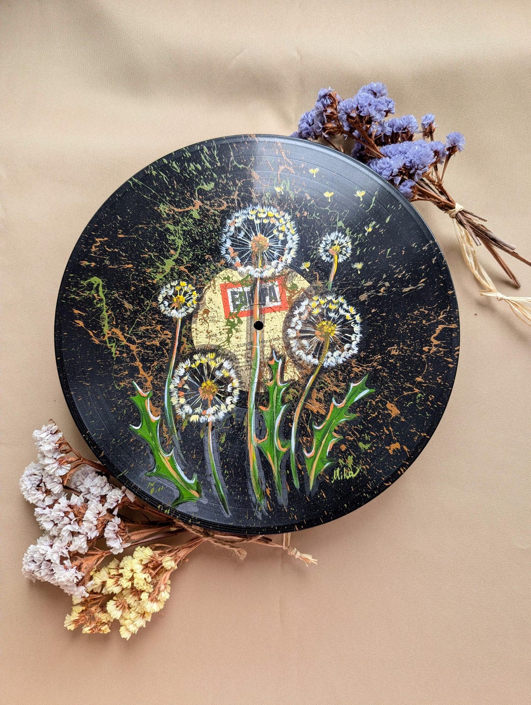 Dandelion Vinyl Record Art – Hand-painted Dandelion Seeds | Upcycled ...