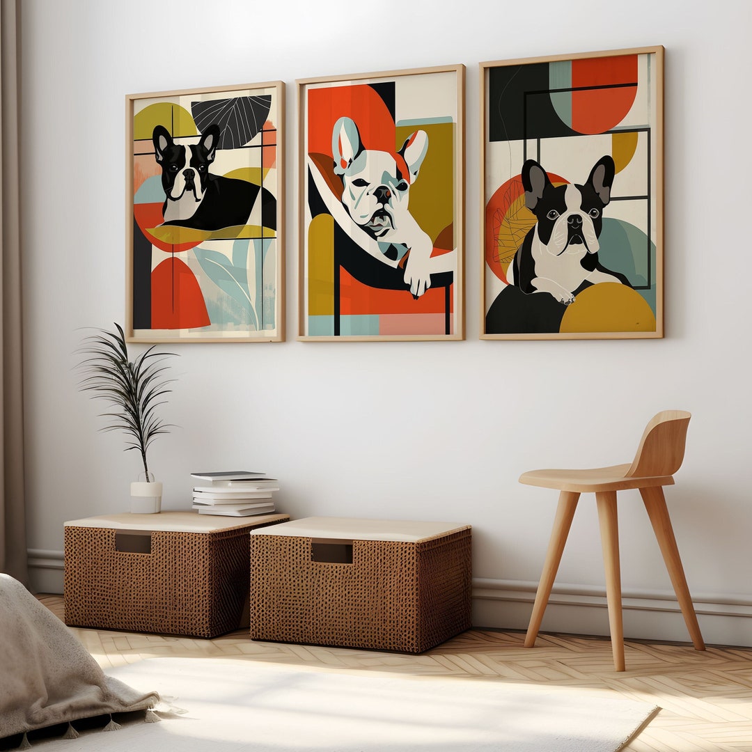 Mid Century French Bulldog Art Print Set, Boho Home Decor (digital ...