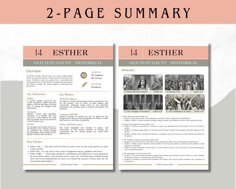 Esther Bible Summary Printable Sheet | Old Testament Summary ...