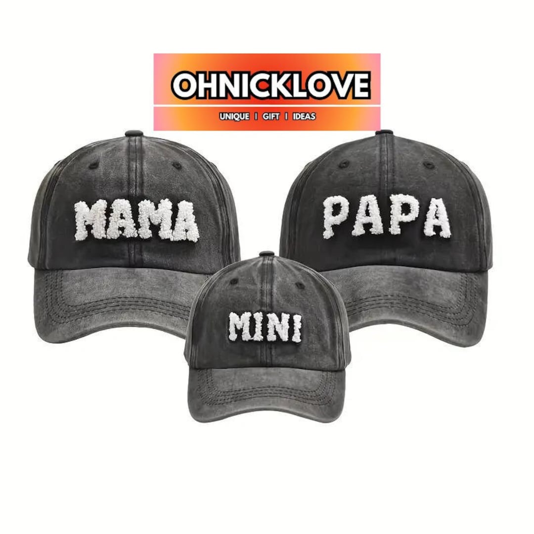 MOM DAD MINI Family Caps, Baseball Cap With Fluffy Embroidery in Grey ...