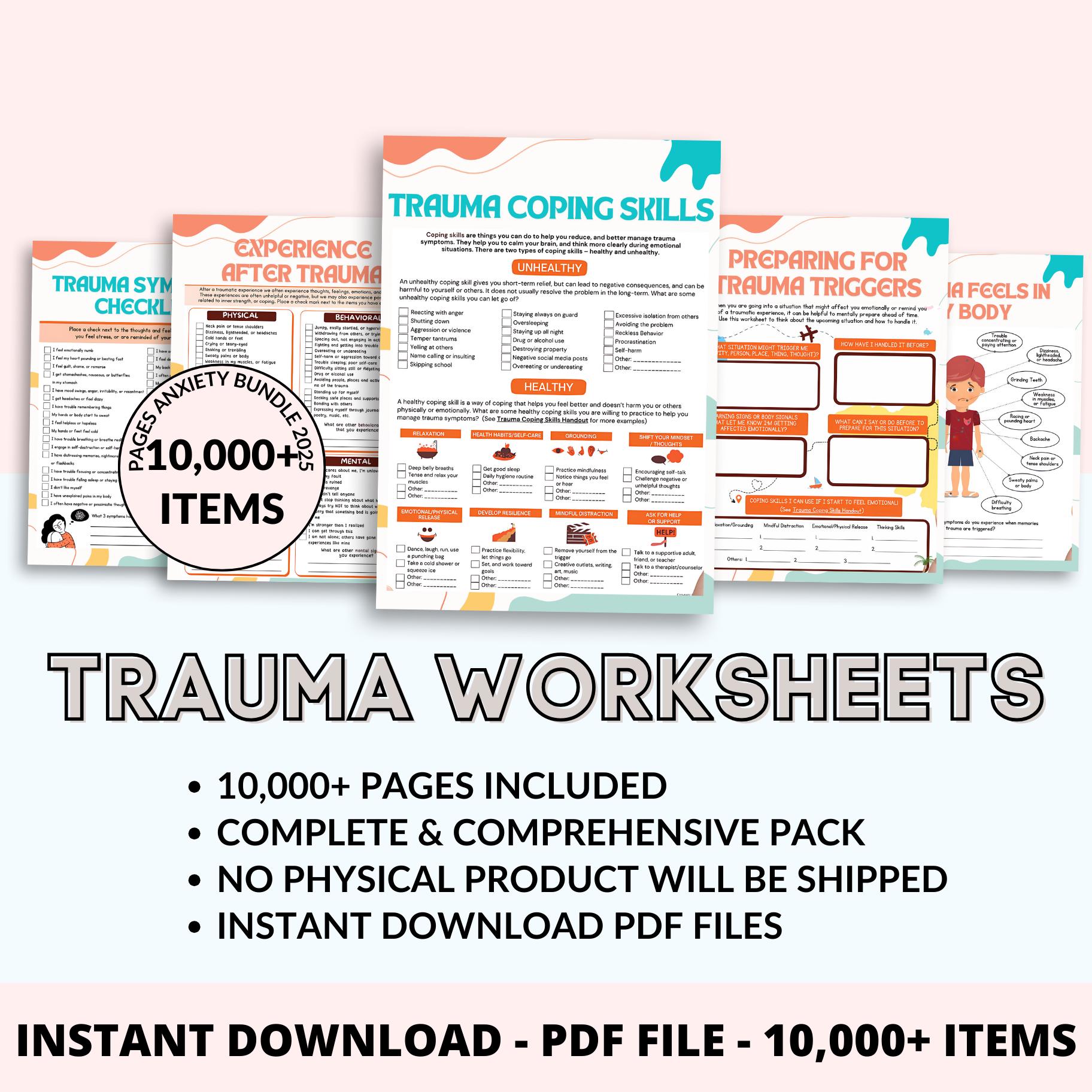 Trauma Therapy Bundle, Anxiety Coping Skill Card, Therapy Worksheets ...