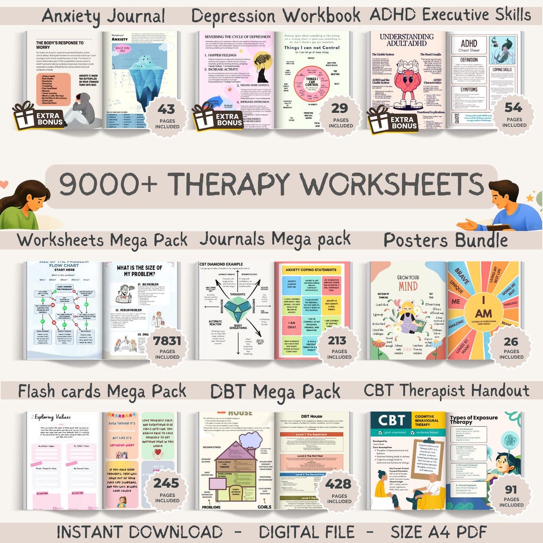 Therapy Worksheets Bundle | CBT, DBT, Trauma, Anxiety, Depression, PTSD ...