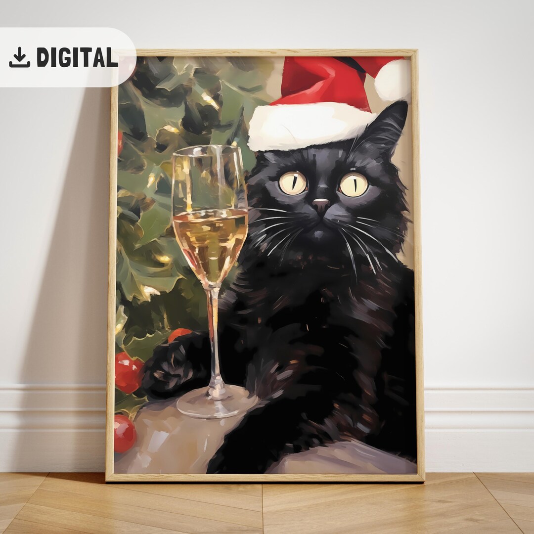 Funny Black Cat Christmas Print: Quirky Champagne Printable Wall Art ...