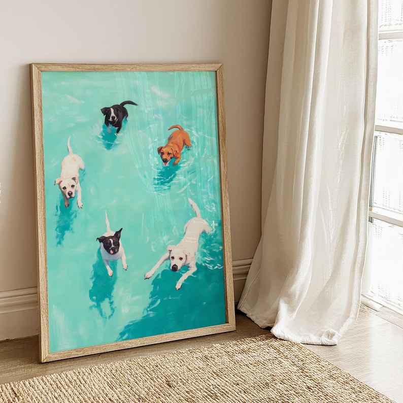 Funny Swimming Dogs Print Colorful Summer Painting Beach Decoration ...