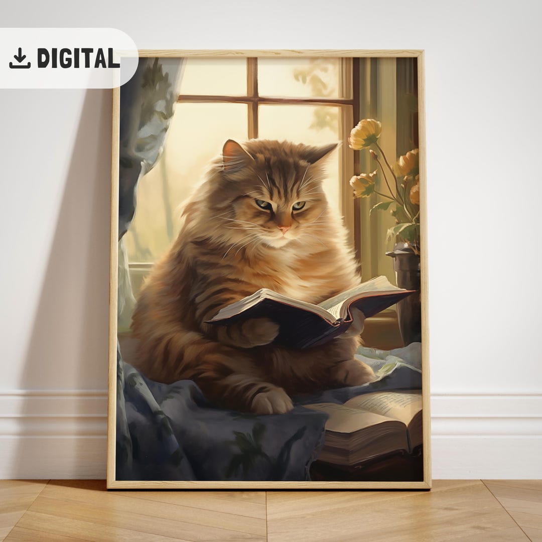 Red Cat Reading Book Wall Print, Book Lover Gift, Ginger Cat Read ...