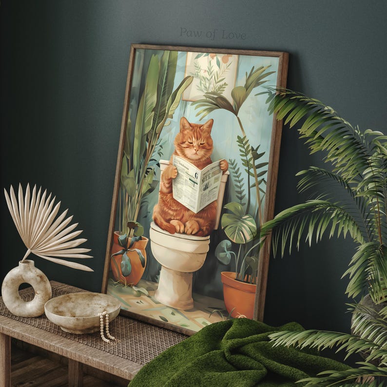 Funny Orange Cat Bathroom Print, Toilet Humor Poster, Cat Pooping Retro ...