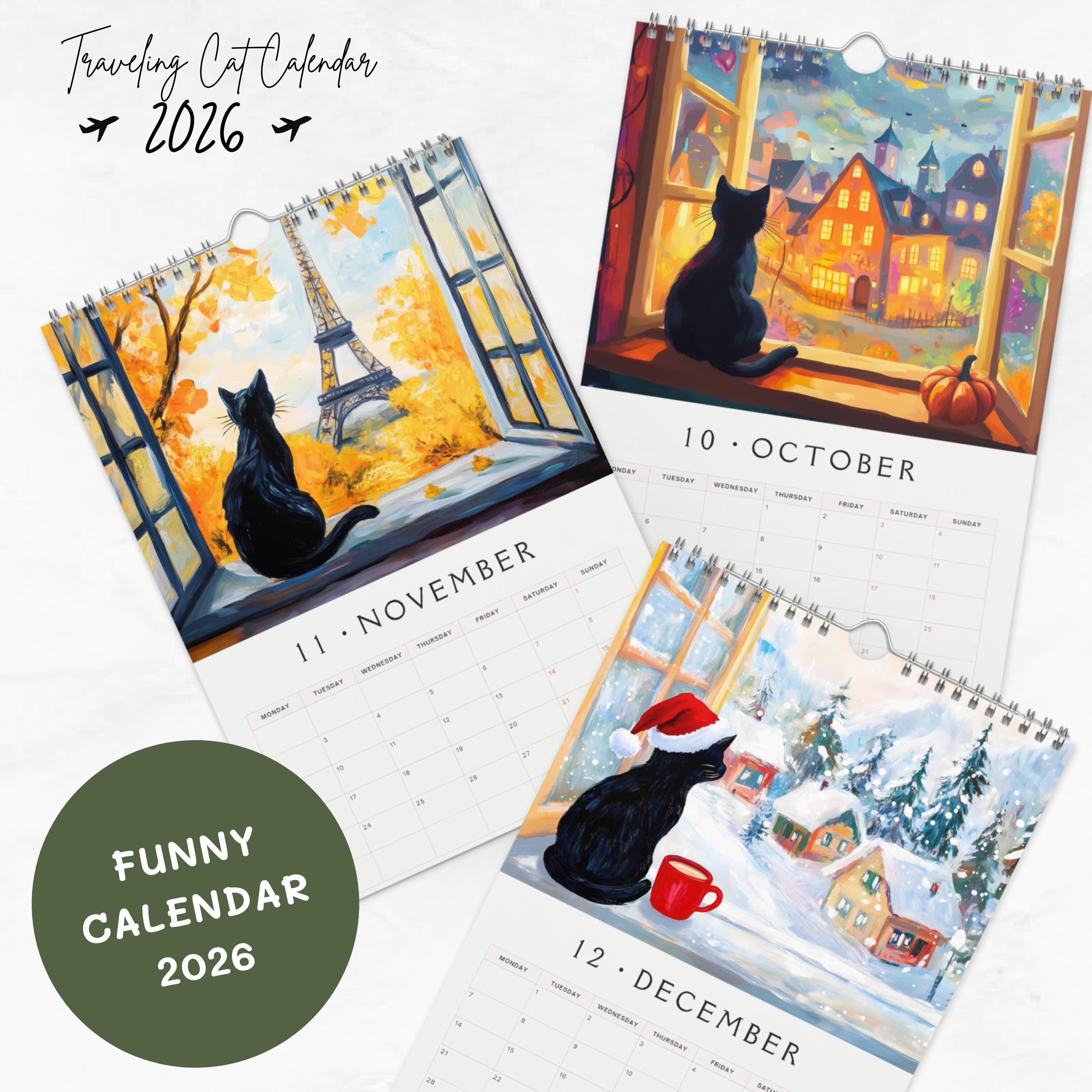 2026 Cat Wall Calendar Monthly Planner, Black Cat Travel Lover Gift ...