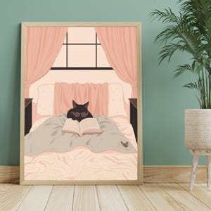 Cute Cat Reading Poster Book Lovers Gift Pink Girl Bedroom Decor ...
