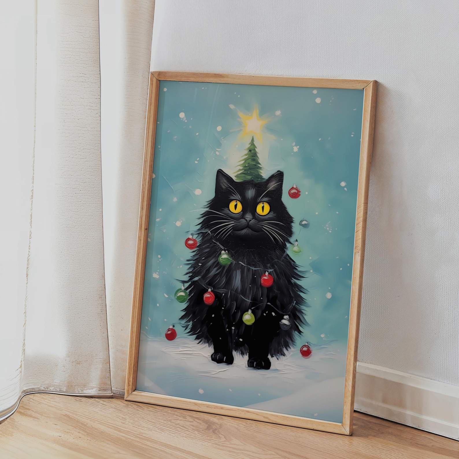 Funny Black Cat Christmas Tree Art Print: Cat Lover Xmas Wall Decor ...