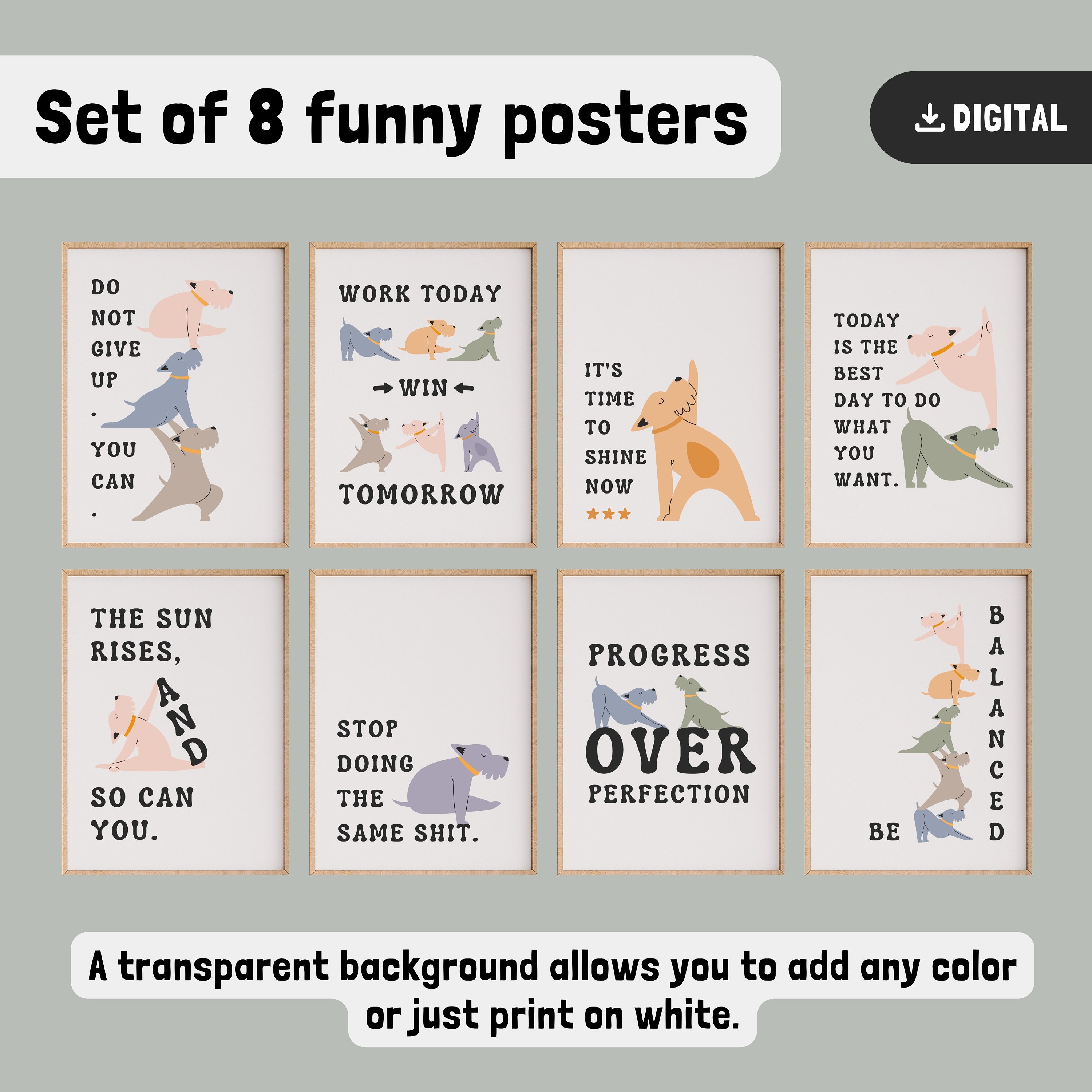 Dog Poster Bundle, Set of 8 Funny Dog Illustration Motivational Quotes ...