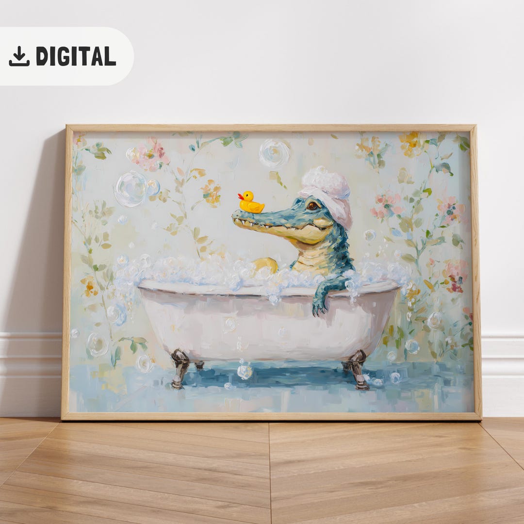 Funny Alligator Bathroom Art Print: Printable Gator Bathtub Decoration ...