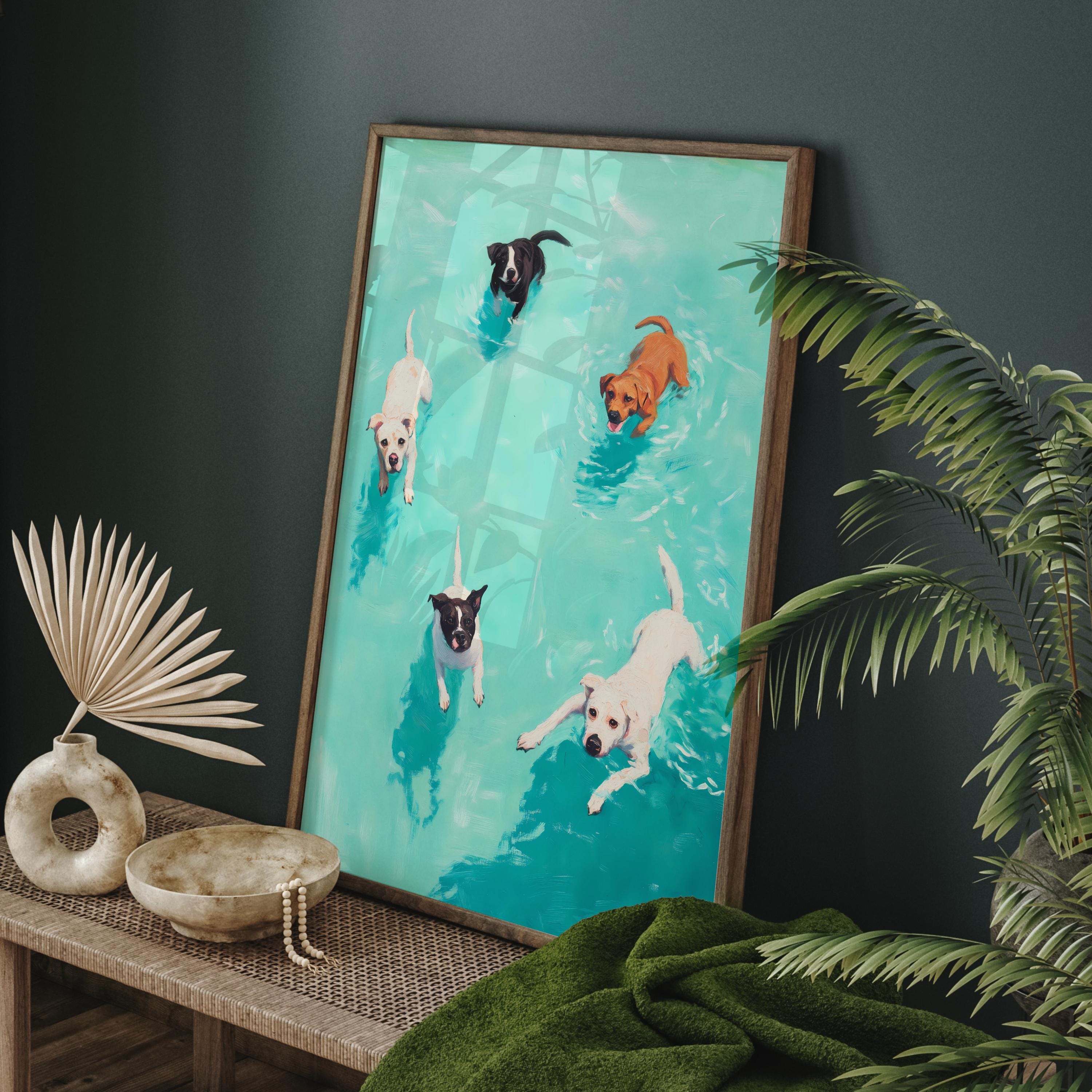 Funny Swimming Dogs Print Colorful Summer Painting Beach Decoration ...