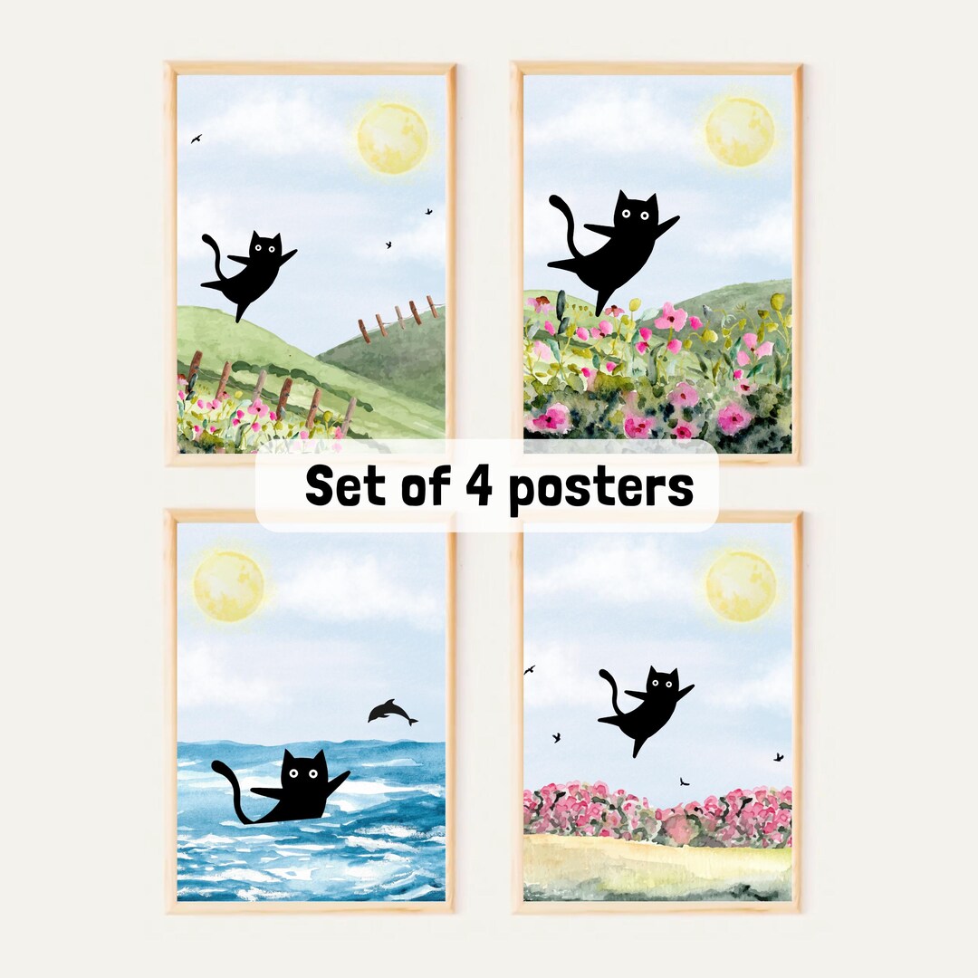 Funny Black Cat Poster Set, Cute Catful Wall Art, Cat Watercolor ...