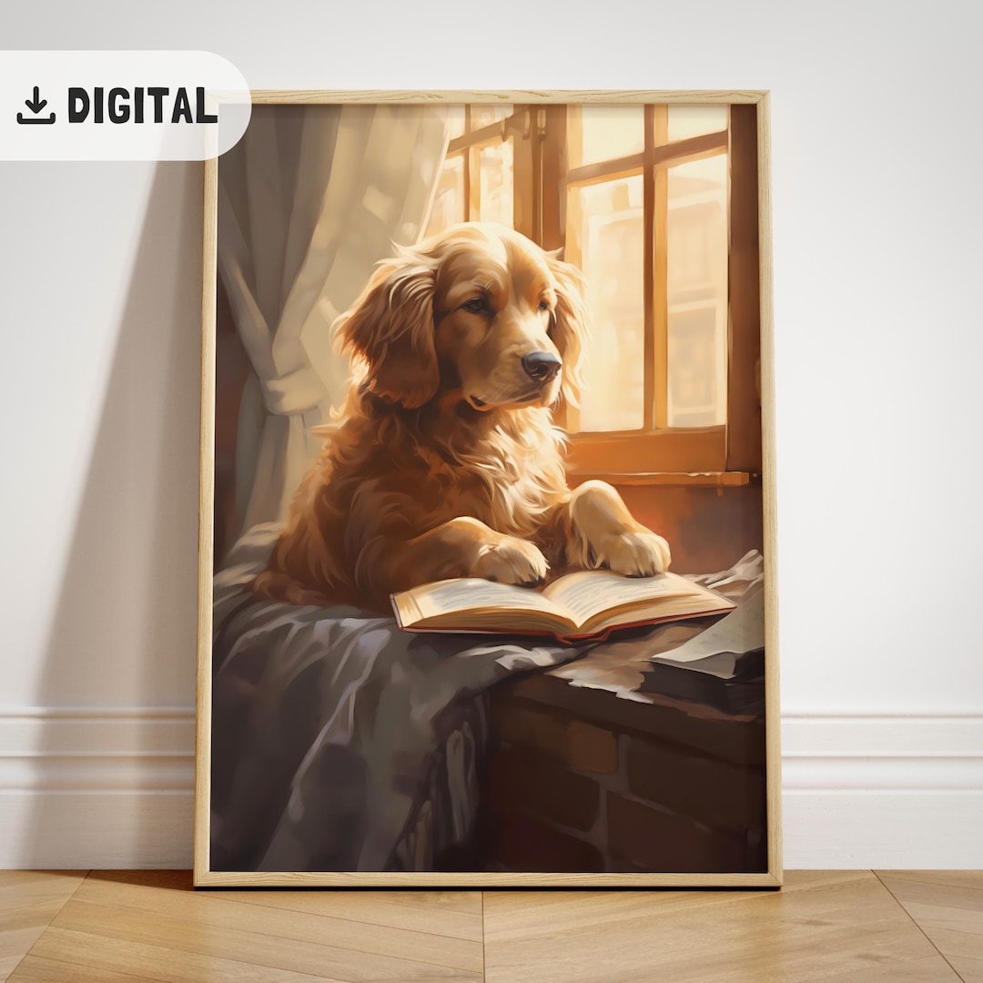 Vintage Golden Retriever Reading Wall Print, Cute Dog Book Lover Gift ...