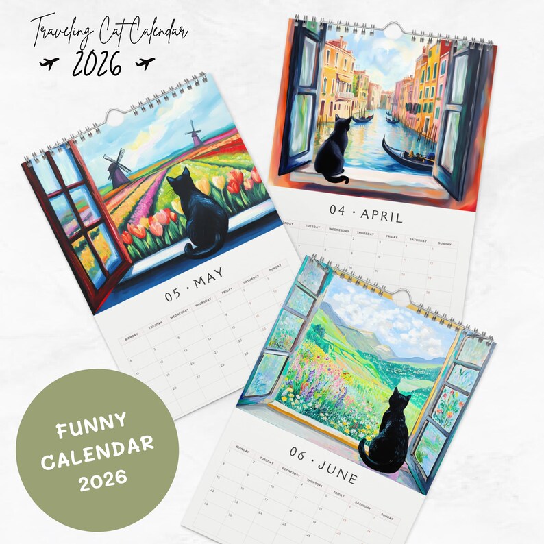 2026 Cat Wall Calendar Monthly Planner, Black Cat Travel Lover Gift ...