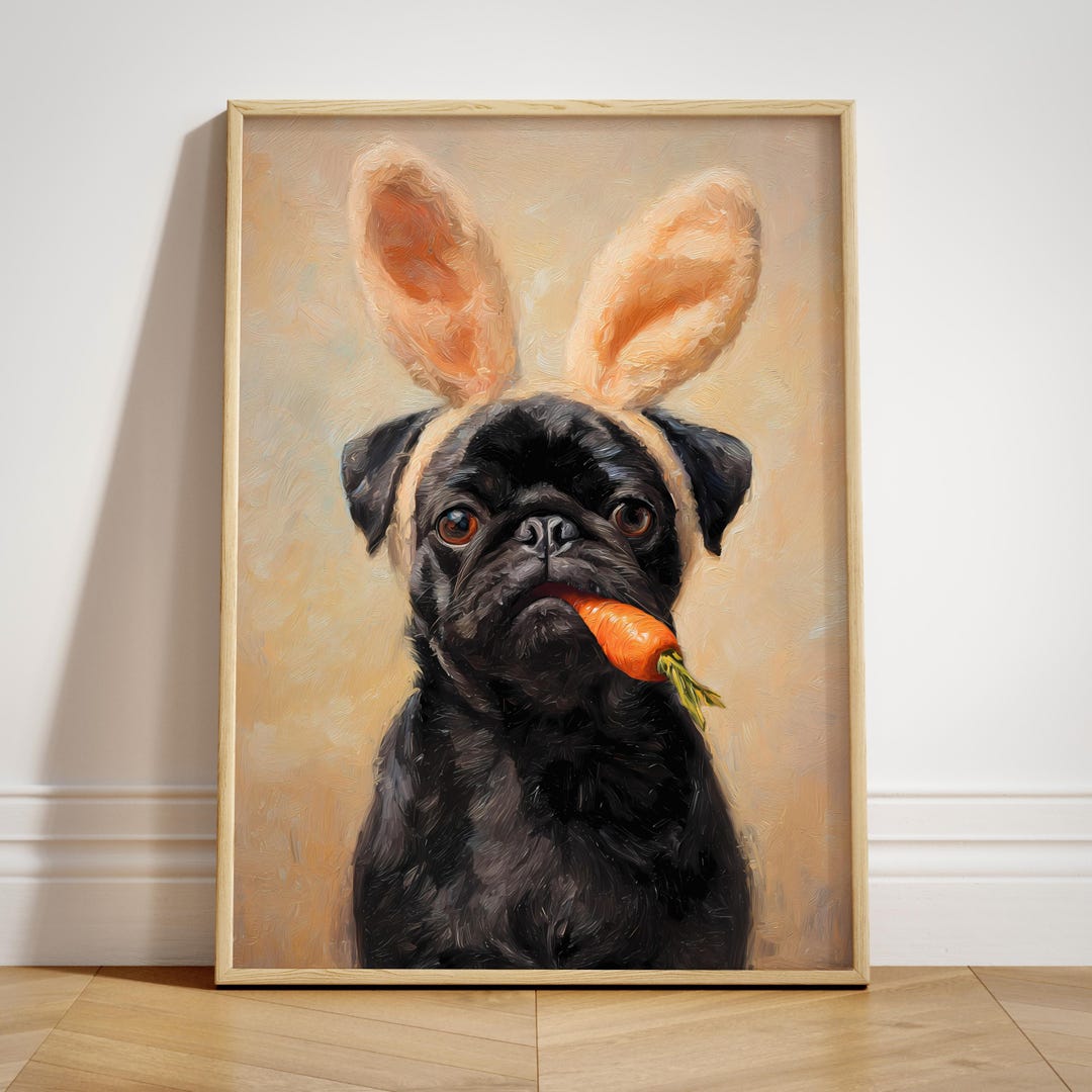 UNFRAMED Easter Black Pug Print, Printed Pug Carrot Art, Dog Bunny Ears ...