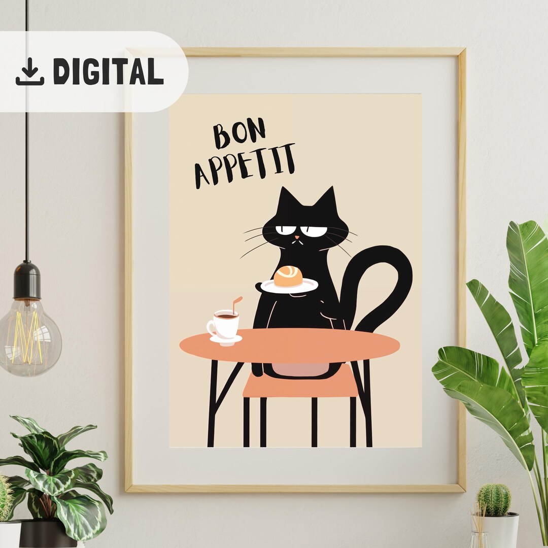 Funny Bon Appetit Poster, Coffee Art, Cat Illustration Wall Art ...