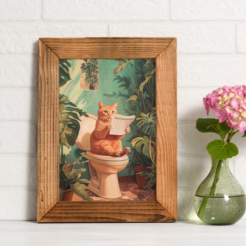 Vintage Orange Cat Bathroom Print, Toilet Humor Poster, Cat Pooping ...