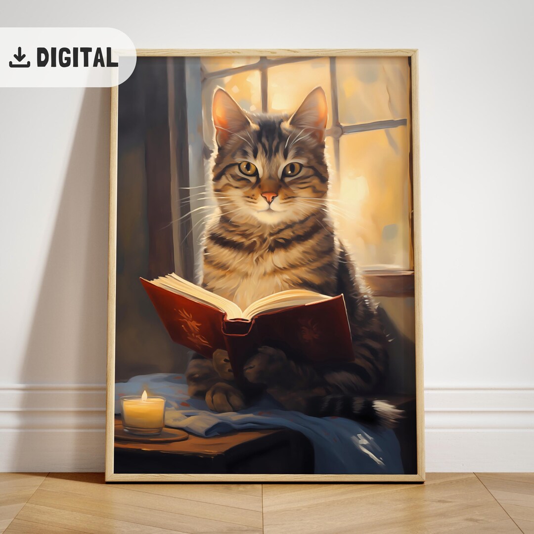 Cozy Cat Reading Print, Retro Tabby Cat Painting, Book Lover Wall Art ...