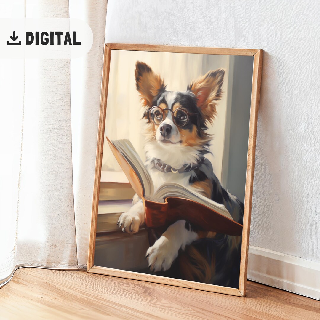 Vintage Dog Reading Wall Art, Dog Book Lover Gift, Read Inspiring Oil ...