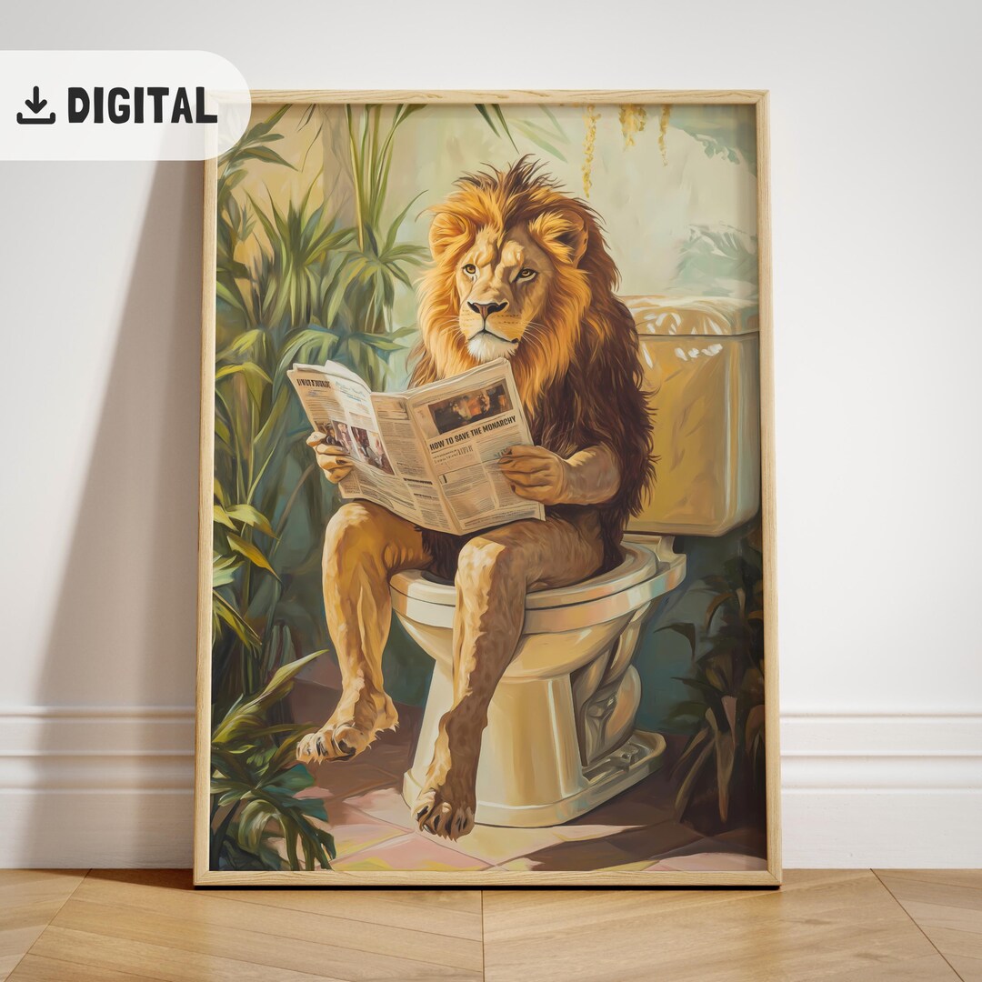 Vintage Lion Bathroom Print, Wild Animal on Toilet Wall Art, Lion ...