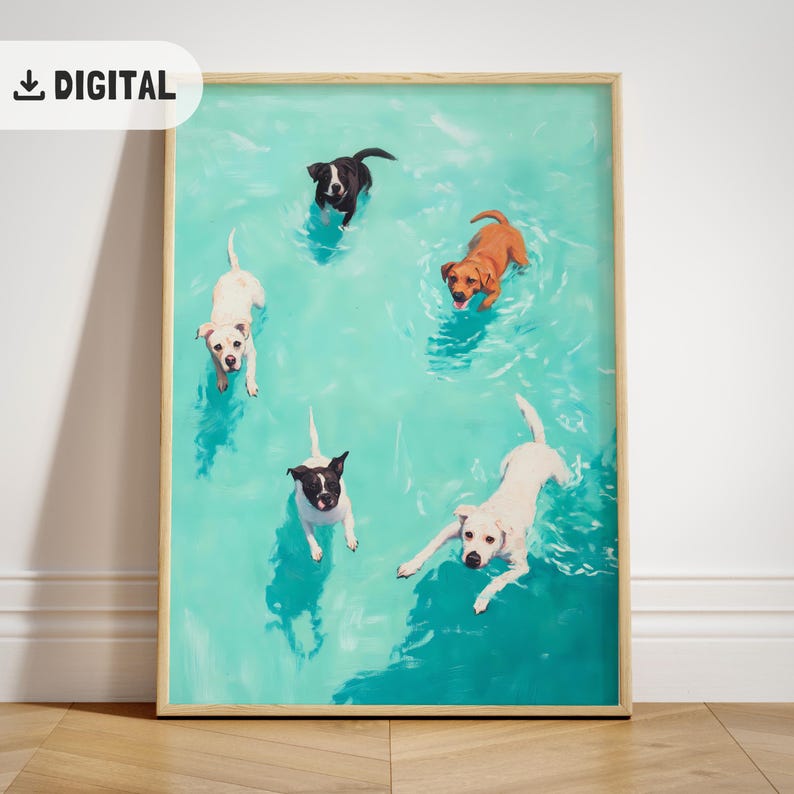 Funny Swimming Dogs Print Colorful Summer Painting Beach Decoration ...