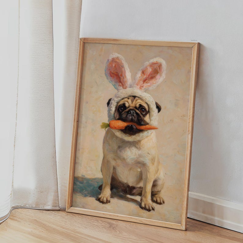 Funny Easter Pug Print, Printable Pug Carrot Art, Dog Bunny Ears ...