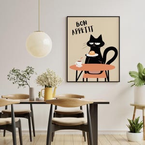 Funny Bon Appetit Poster, Coffee Art, Cat Illustration Wall Art ...