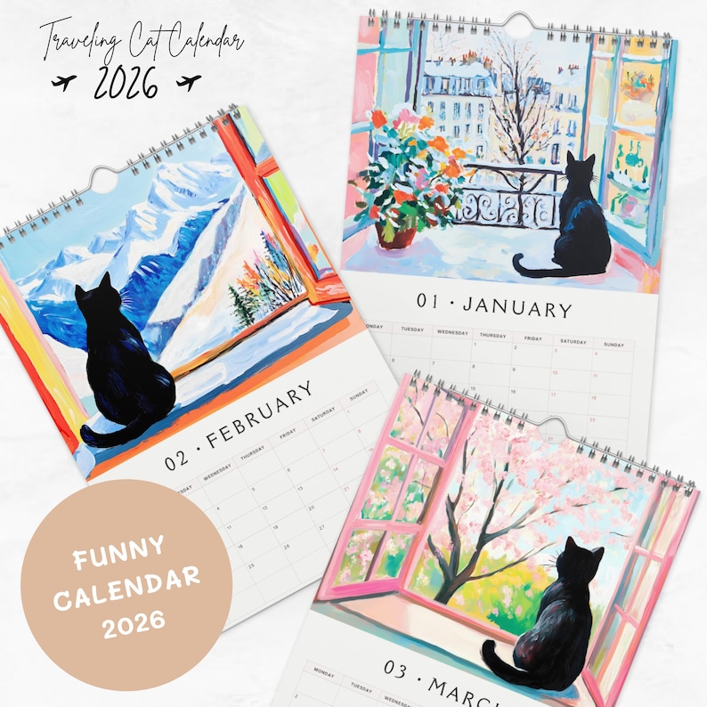 2026 Cat Wall Calendar Monthly Planner, Black Cat Travel Lover Gift ...