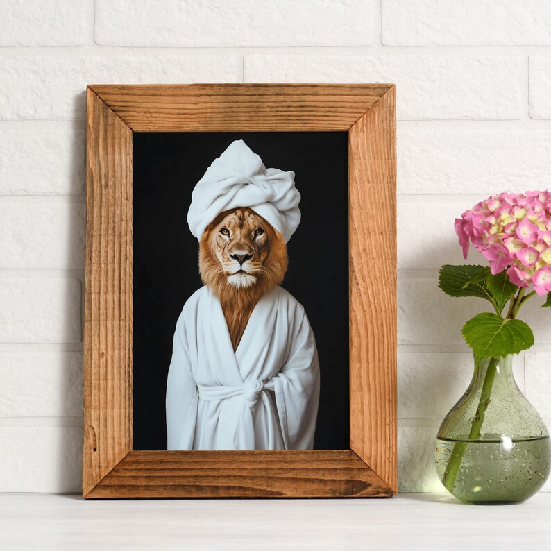 Funny Lion Bathroom Print, Quirky Lion in a Bathrobe Wall Art, Wild ...