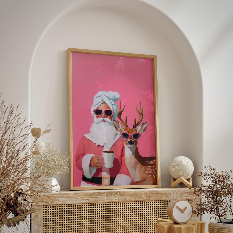 UNFRAMED Funny Santa Claus Reindeer Christmas Art Print: Whimsical ...