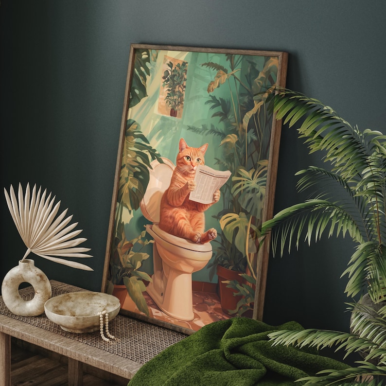 Vintage Orange Cat Bathroom Print, Toilet Humor Poster, Cat Pooping ...