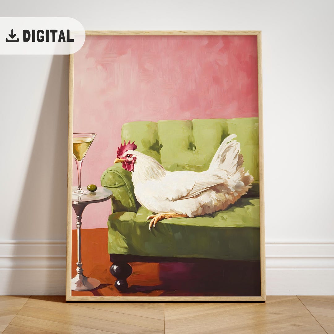 Chicken Couch Print, Funny Hen Martini Cocktail Bar Cart Art, Whimsical ...
