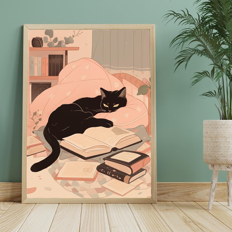 Cute Cat Reading Poster Cat Lovers Gift Pink Girl Bedroom Decor Vintage ...