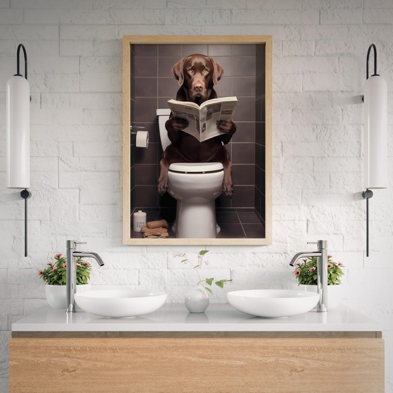 Chocolate Labrador Retriever Bathroom Art Print, Funny Dog Bathroom ...