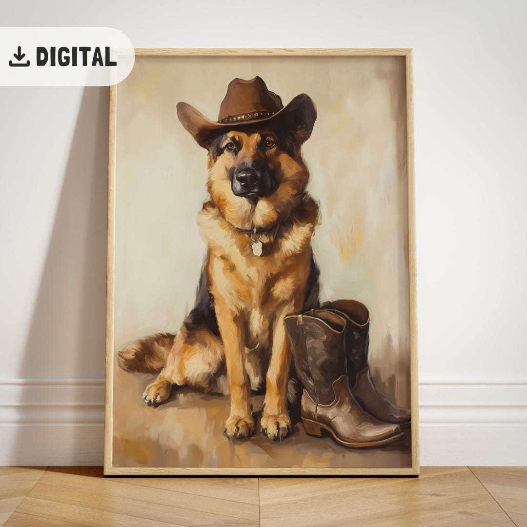 Funny German Shepherd Cowboy Hat Painting, Shoes off Print, Retro Dog ...