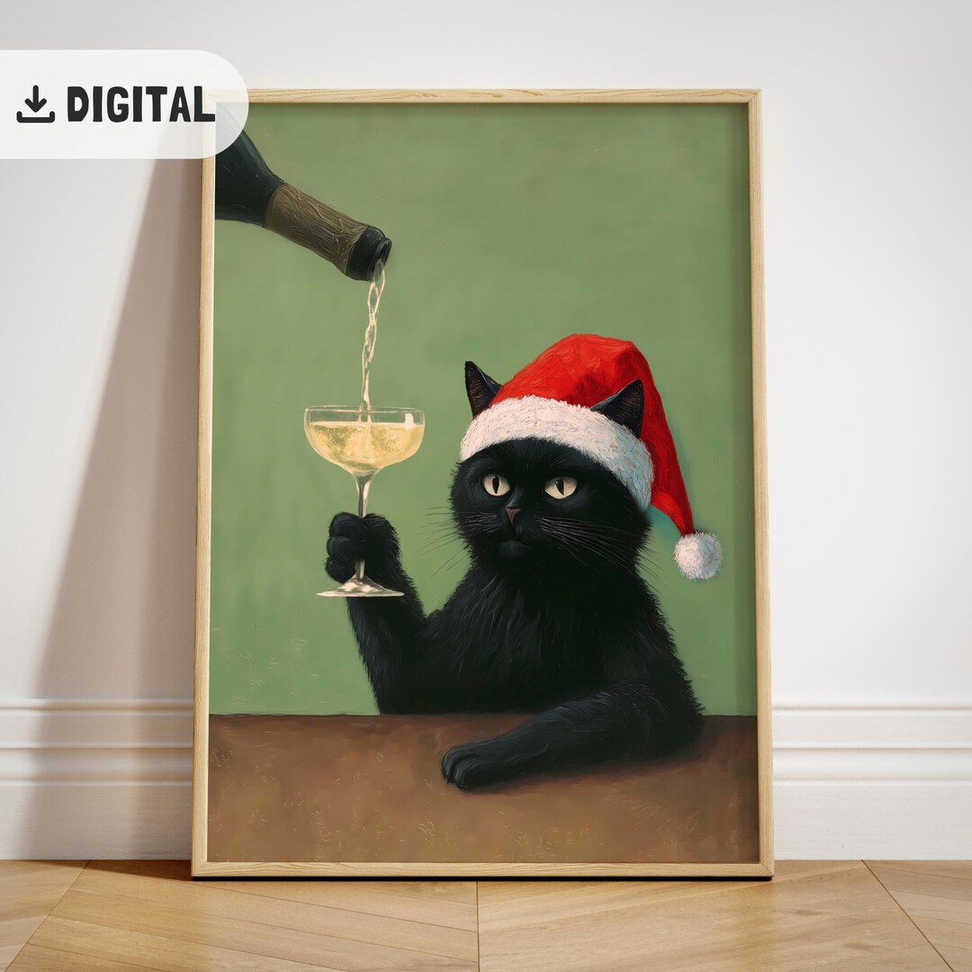 Funny Black Cat Christmas Print: Cat Champagne Cocktail Bar Art ...